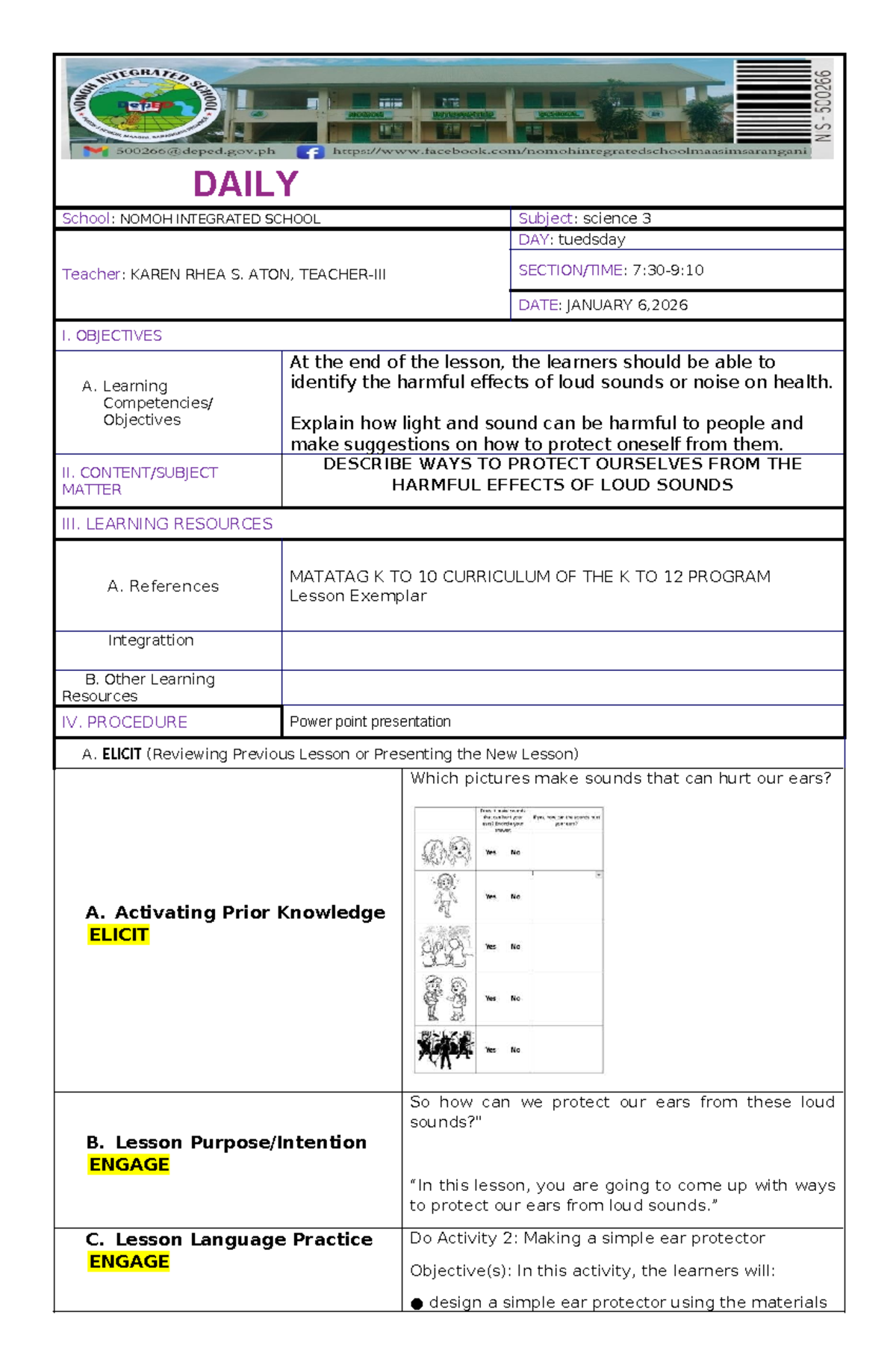 Science 3 Lesson Plan: Protecting Ears from Loud Sounds - Studocu