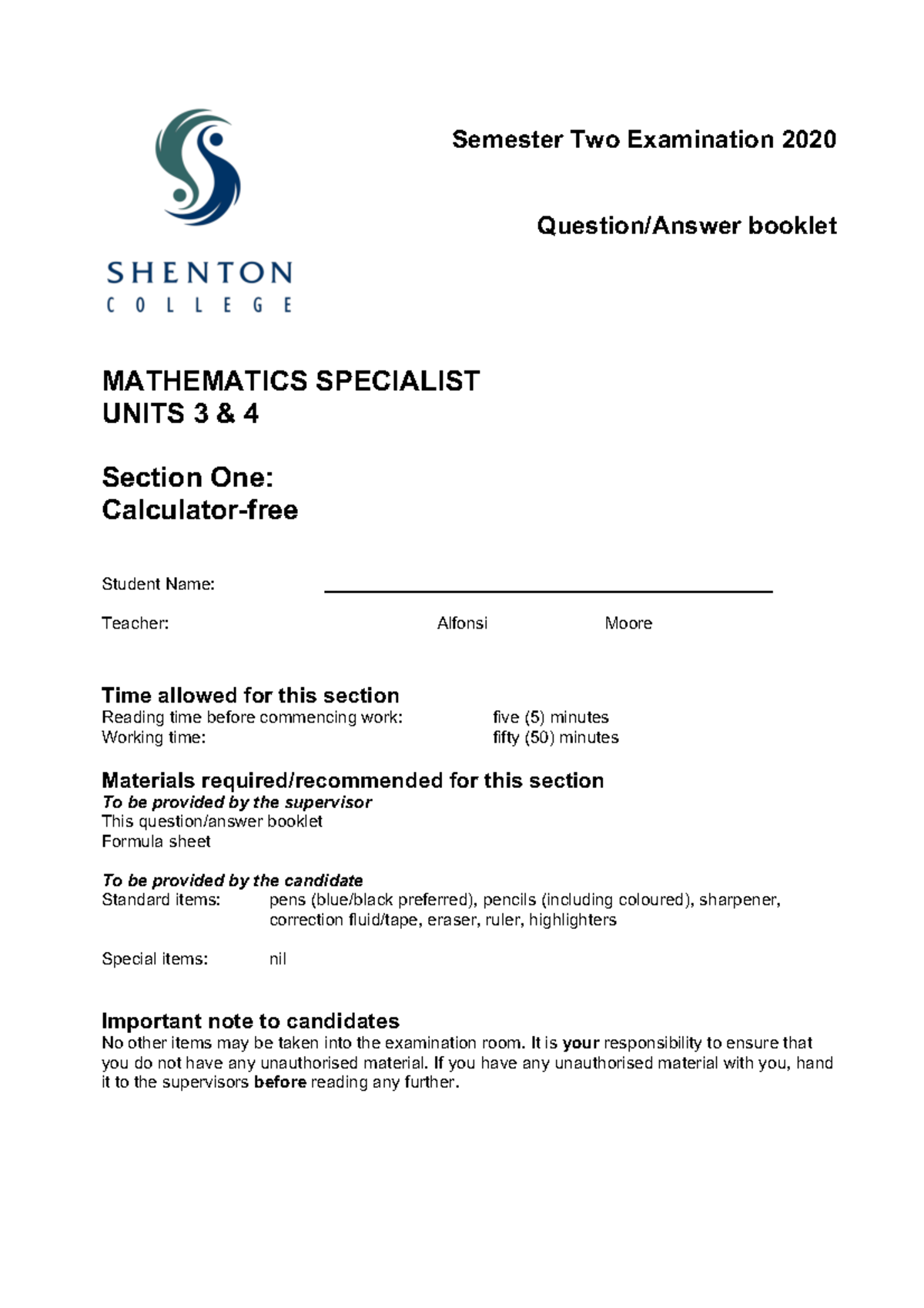 Semester Two Exam 2020: Mathematics Specialist Units 3 & 4 - Studocu