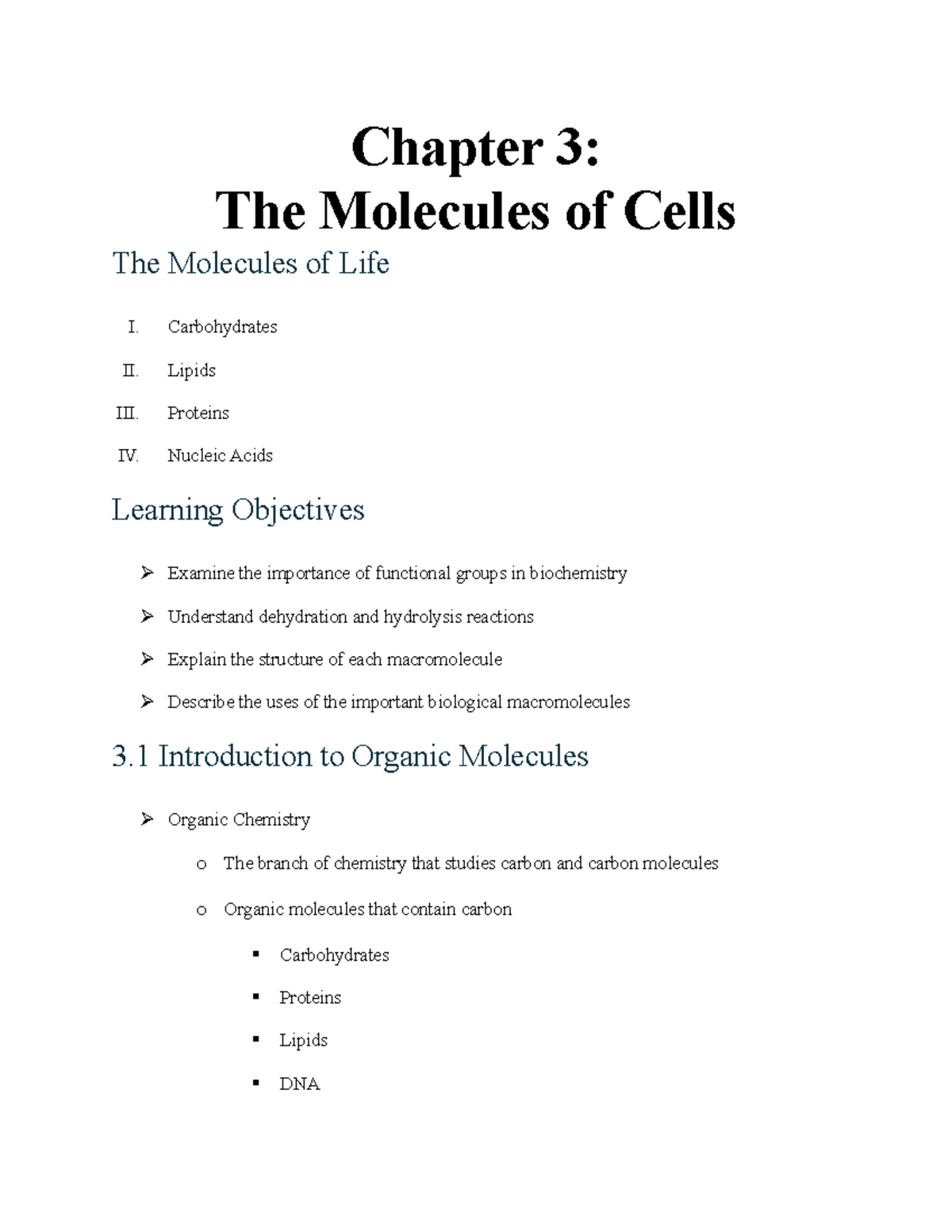 Biochemistry: Chapter 3 - The Molecules of Cells and Life - Chapter 3 ...