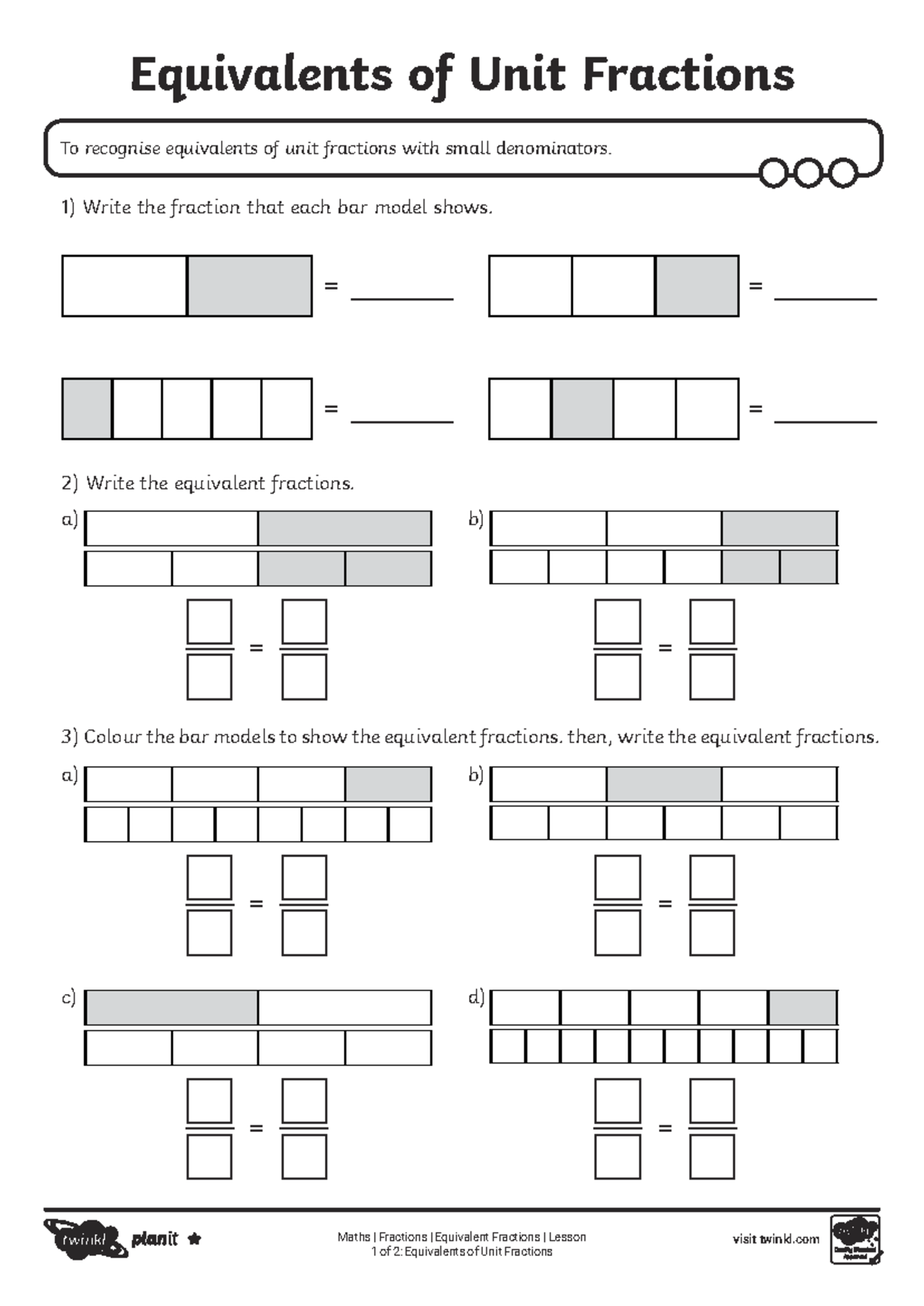 Equivalent fraction unit bars activity sheet - Equivalents of Unit ...