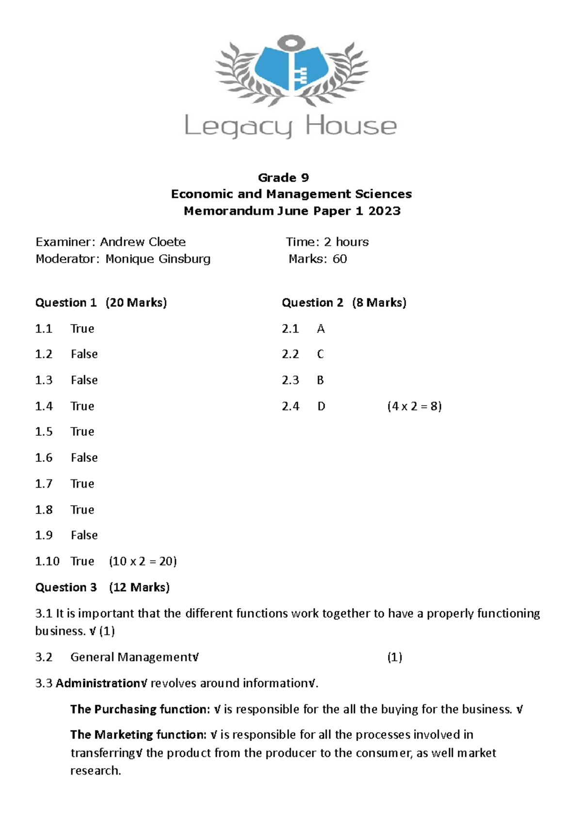Grade 9 EMS JUNE EXAM MEMO 2023 - Grade 9 Economic and Management ...