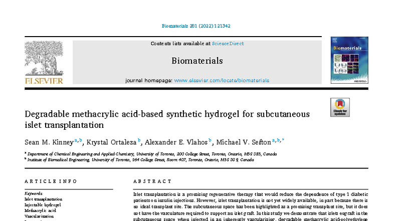 Degradable Methacrylic Hydrogel for Subcutaneous Islet Transplantation ...