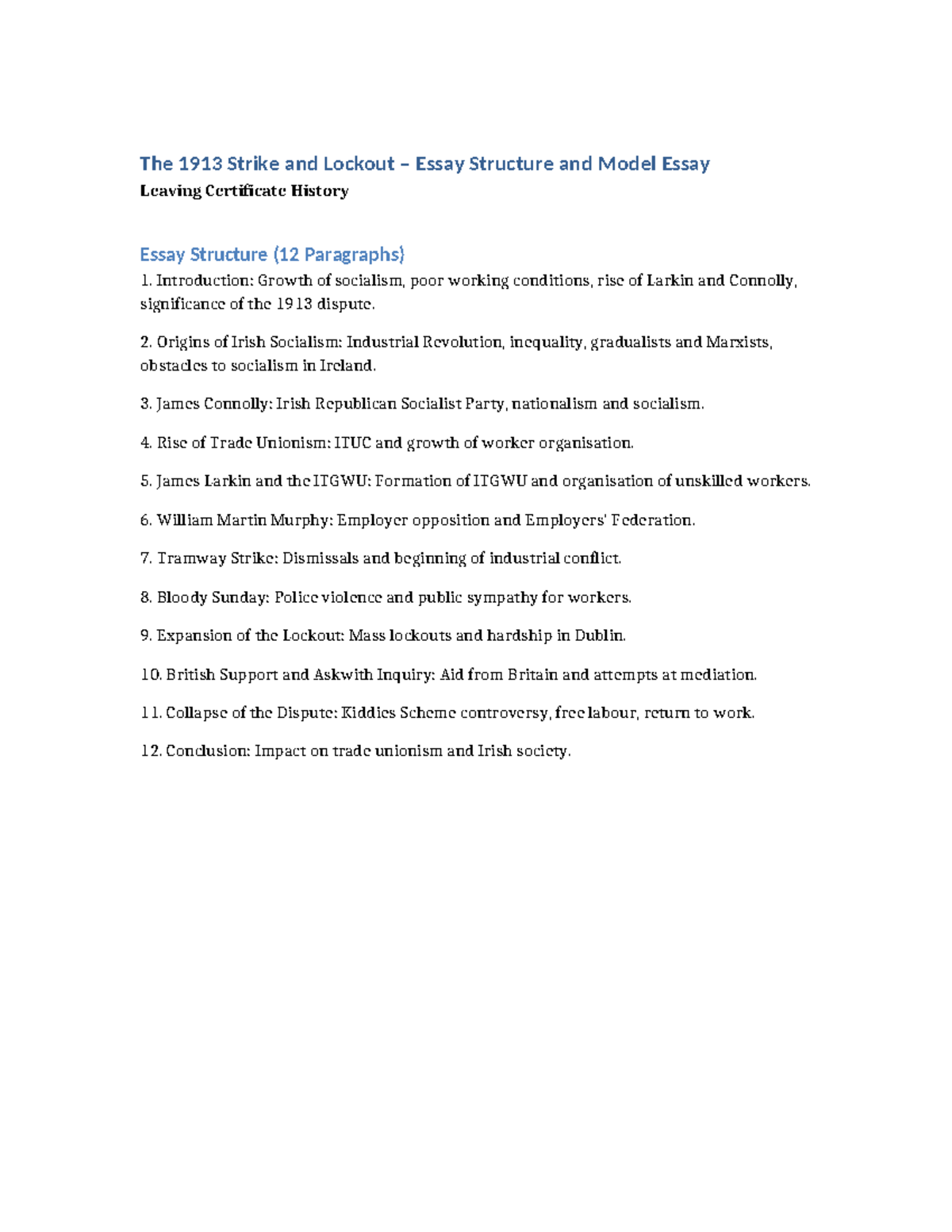 1913 Strike and Lockout Essay Structure for Leaving Cert History - Studocu