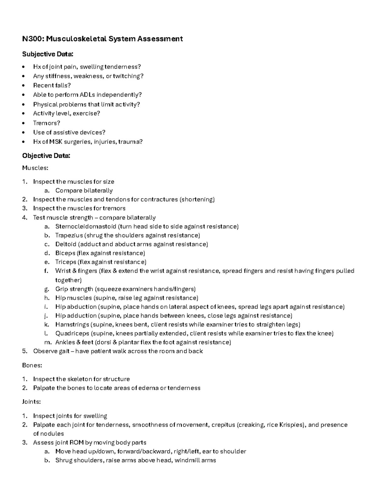 N300: Musculoskeletal System Assessment Notes & Guidelines for ...