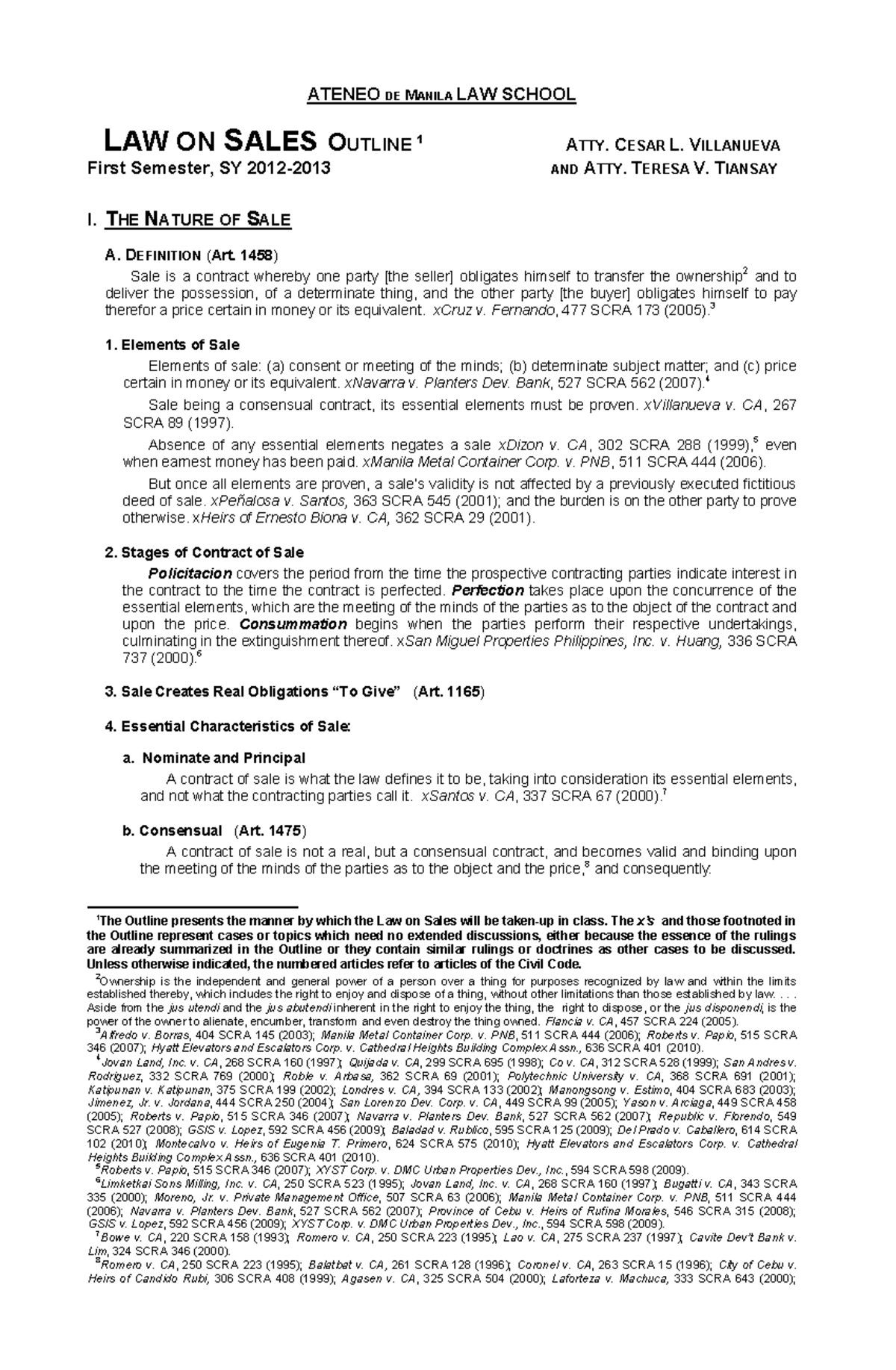 ALS20 Law on Sales Outline: Key Concepts and Case Summaries - Studocu