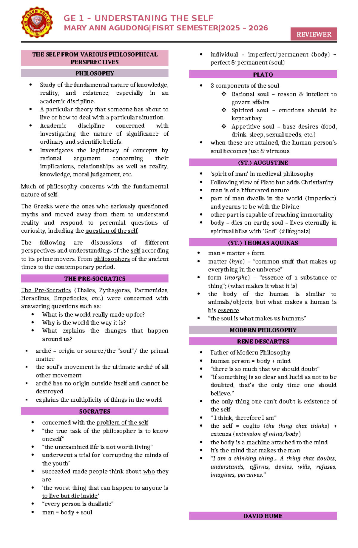GE 1 UNDERSTANDING THE SELF: Philosophical Perspectives and Insights - Studocu