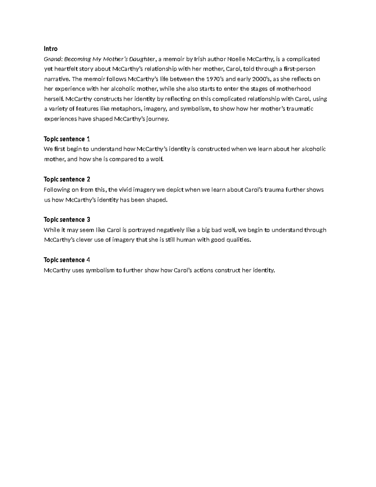 ENG 101: Essay 1 Introduction - Exploring Identity in McCarthy's Memoir ...