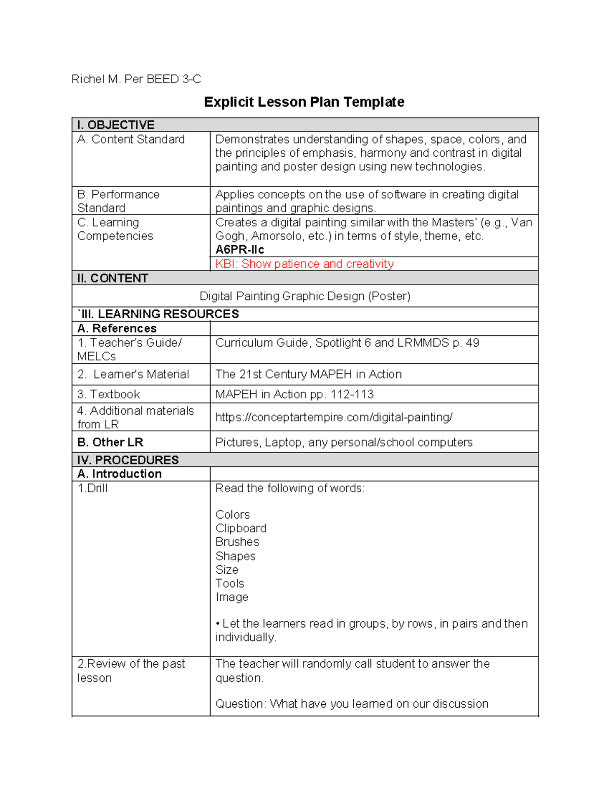 Explicit-Lesson-Plan-Template-ARTS 055306 - Richel M. Per BEED 3-C ...