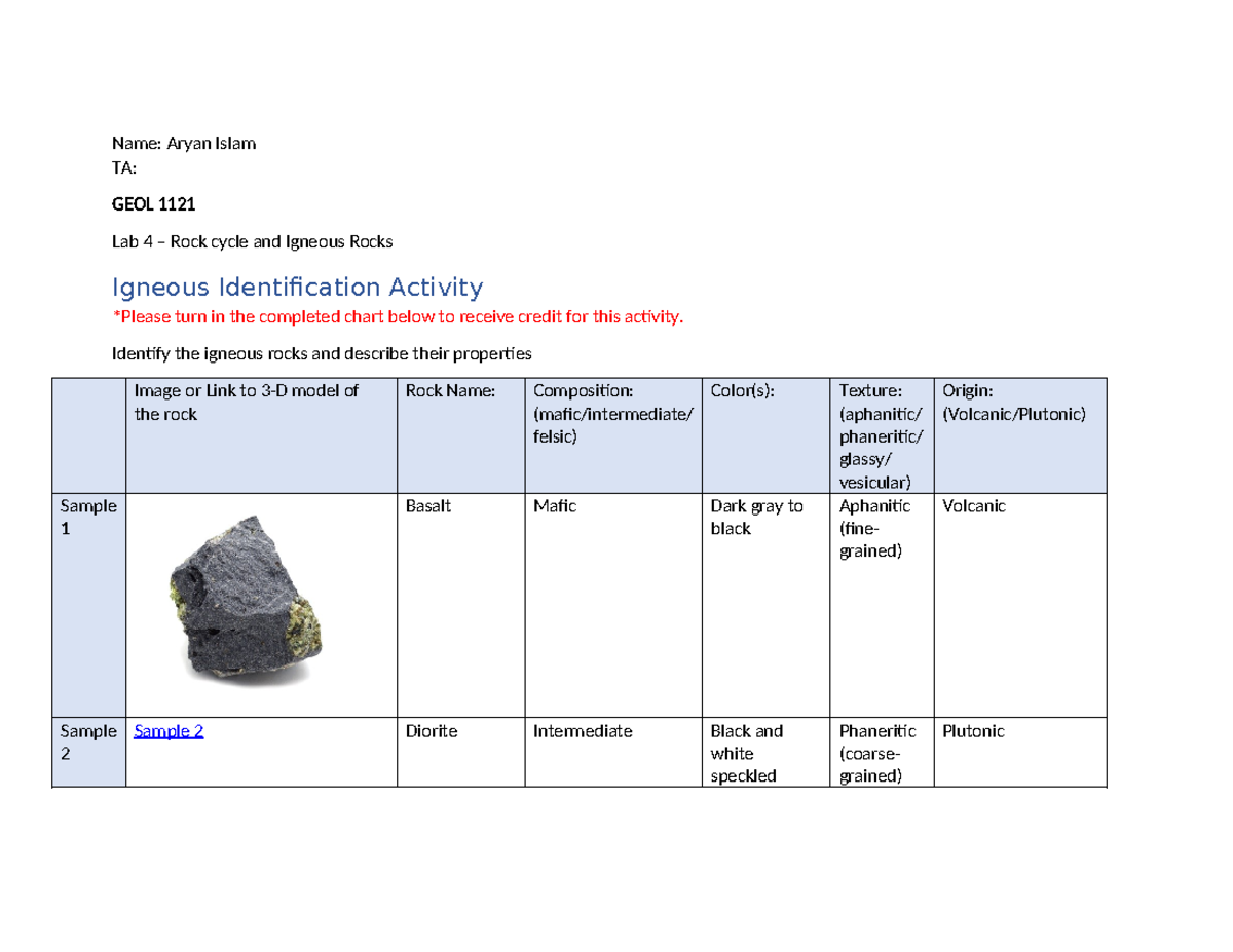 Lab 4 - Activity 2 - Igneous Rock Identification - Name: Aryan Islam TA ...