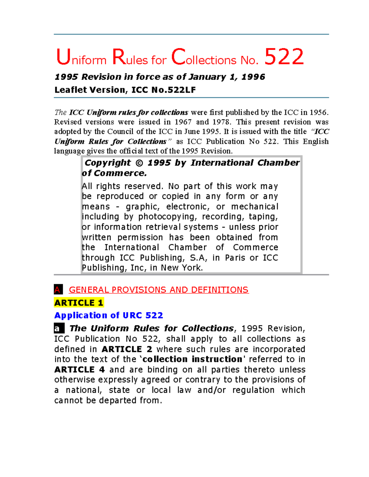 URC 522: Official Text of ICC Uniform Rules for Collections 1995 - Studocu