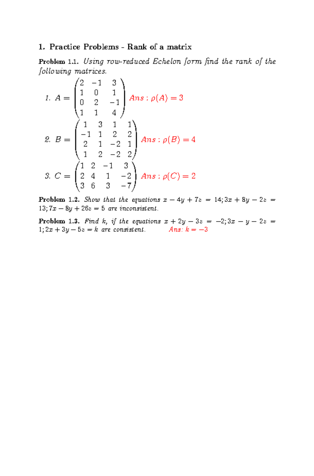Practice Problems: Rank of a Matrix - Math 101 (Final Exam) - Studocu