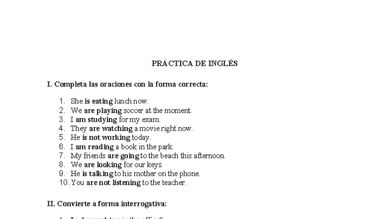 PRÁCTICA DE INGLÉS I: Ejercicios de Presente Progresivo - Studocu