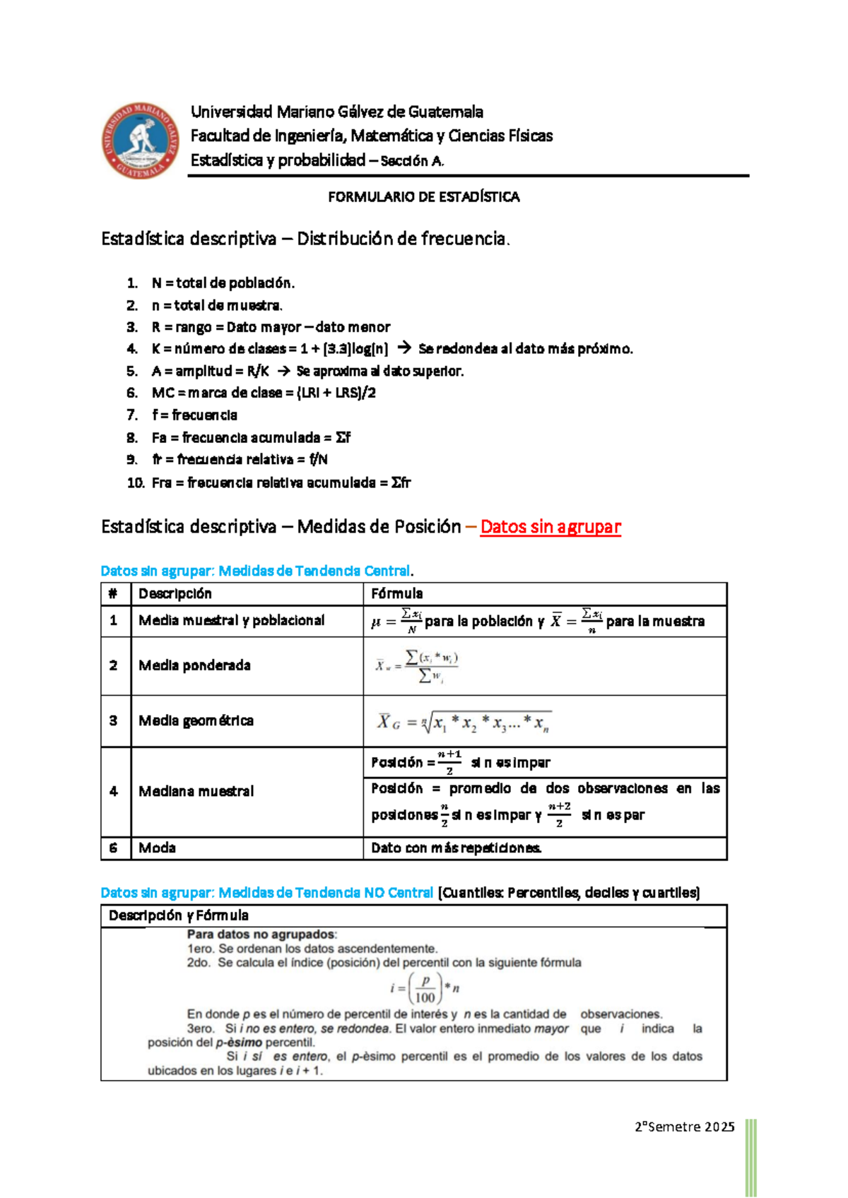Formulario de Estadística y Probabilidad - Sección A (Estadística Descriptiva) - Studocu