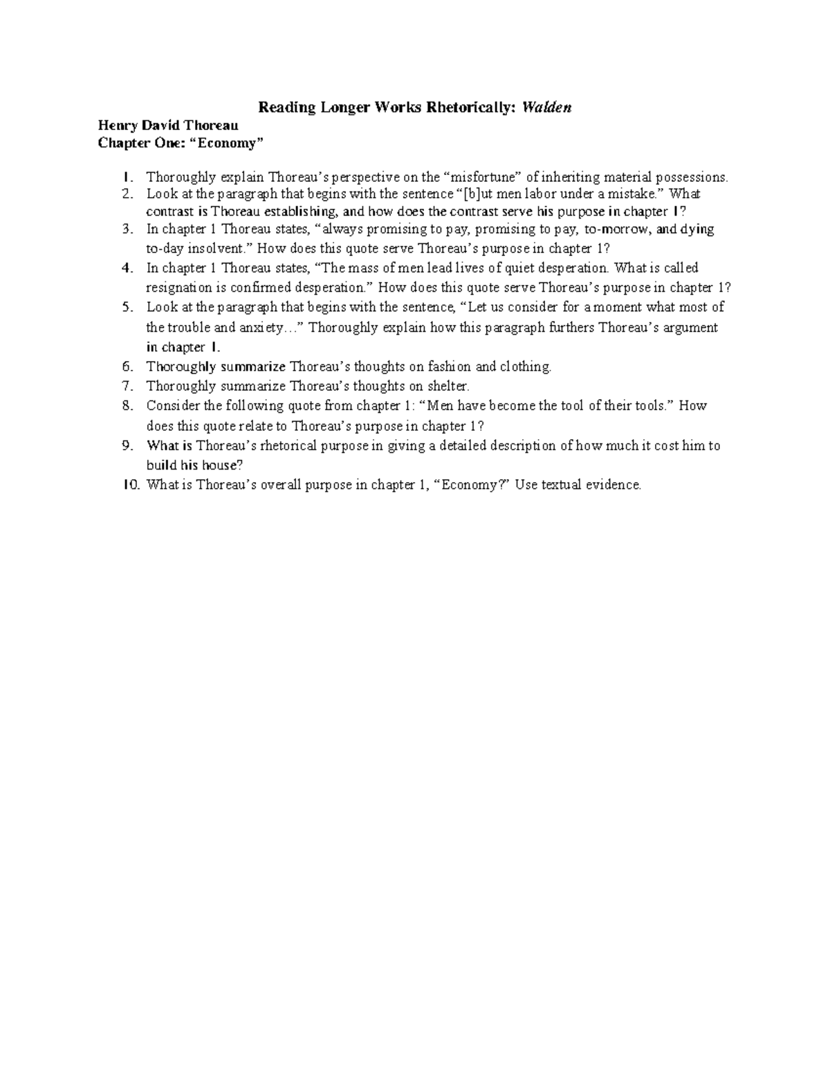 Walden (ENG 101) Chapter 1 Study Questions & Rhetorical Analysis - Studocu