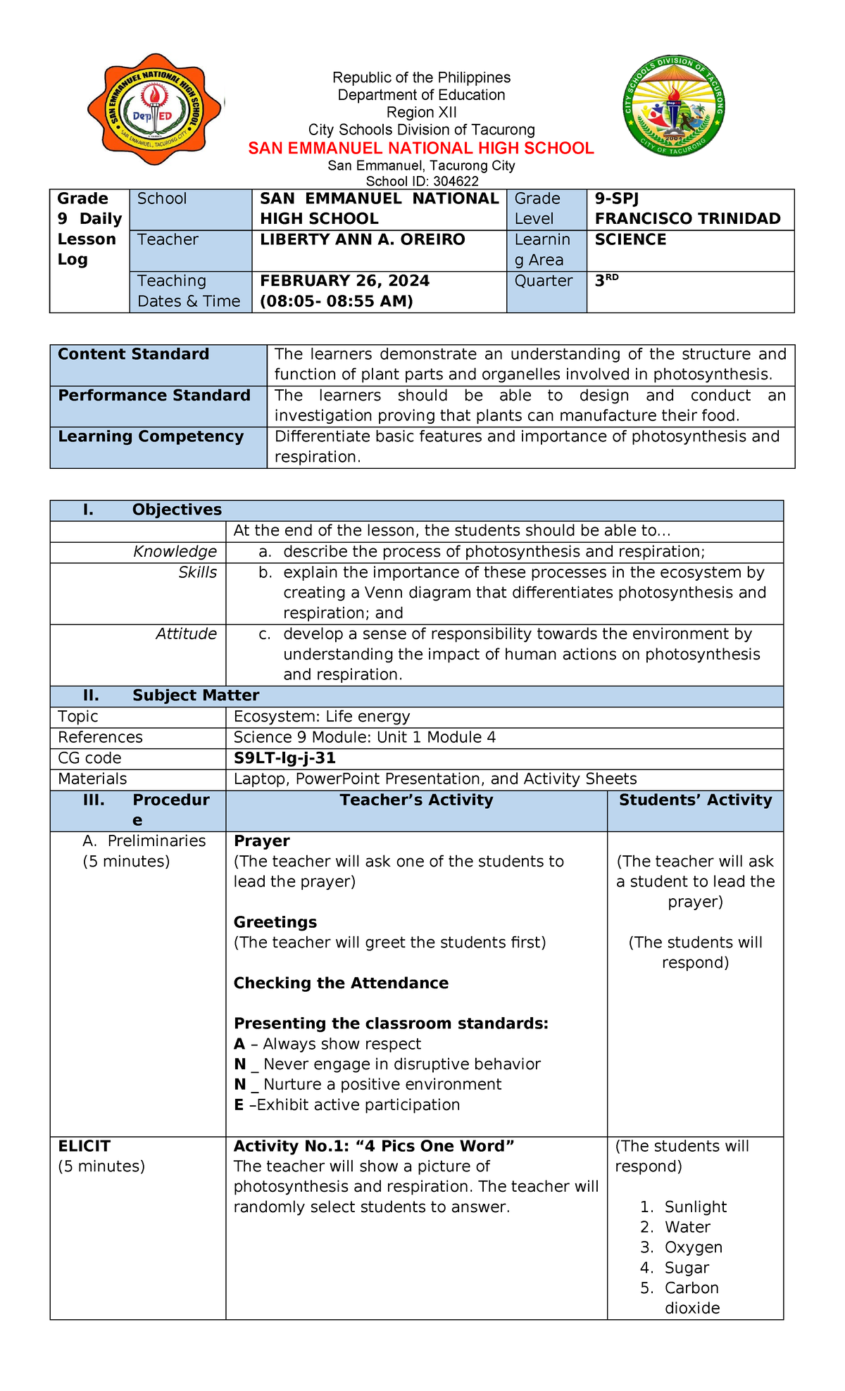 GRADE 9 Science Daily Lesson Log on Ecosystems and Photosynthesis - Studocu