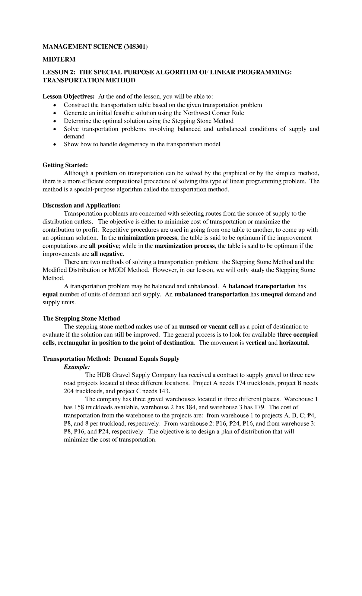 Midterm MS301: Transportation Method in Linear Programming - Studocu