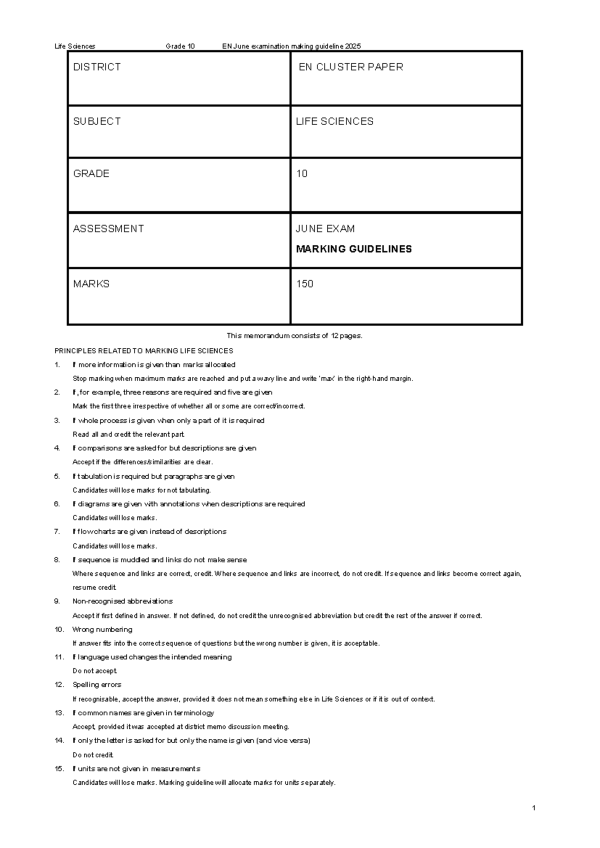 Life Sciences Grade 10 EN June Exam 2025 Marking Guidelines Memo - Studocu