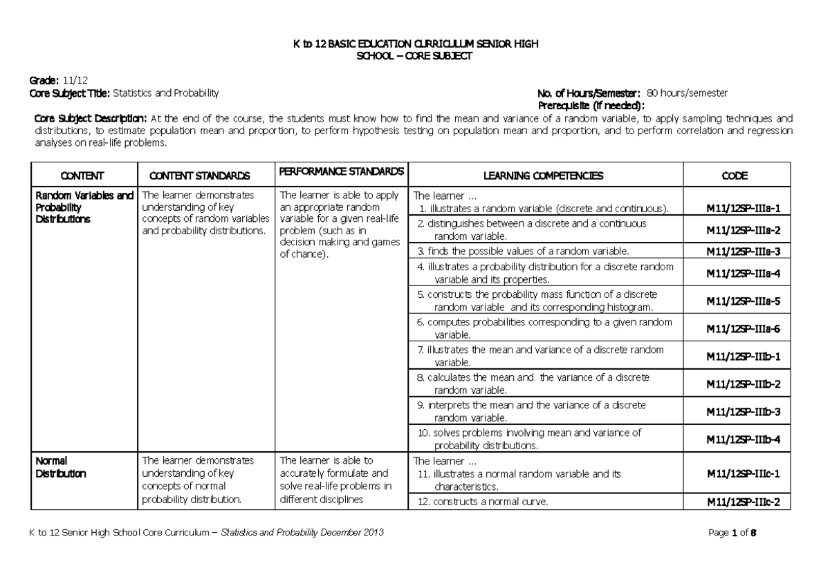 MELC SHS-Core Statistics-and-Probability-CG - SCHOOL – CORE SUBJECT ...