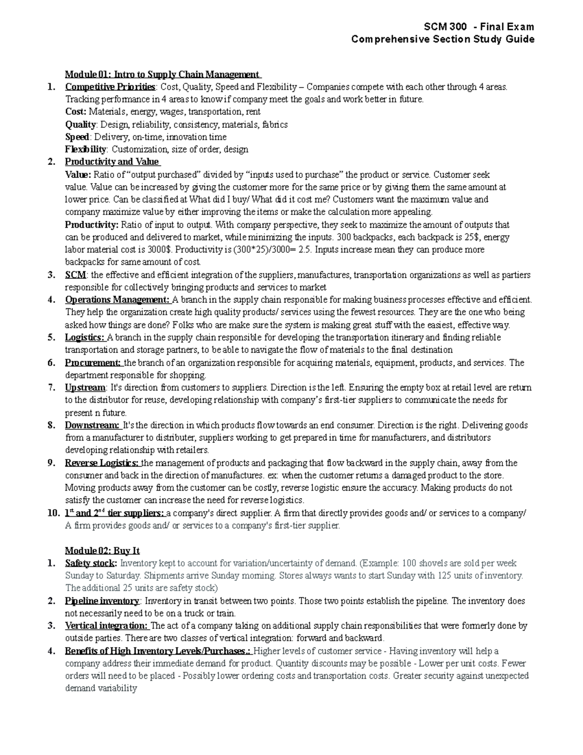 Final Exam scm 300 - Comprehensive Section Study Guide Module 01: Intro ...