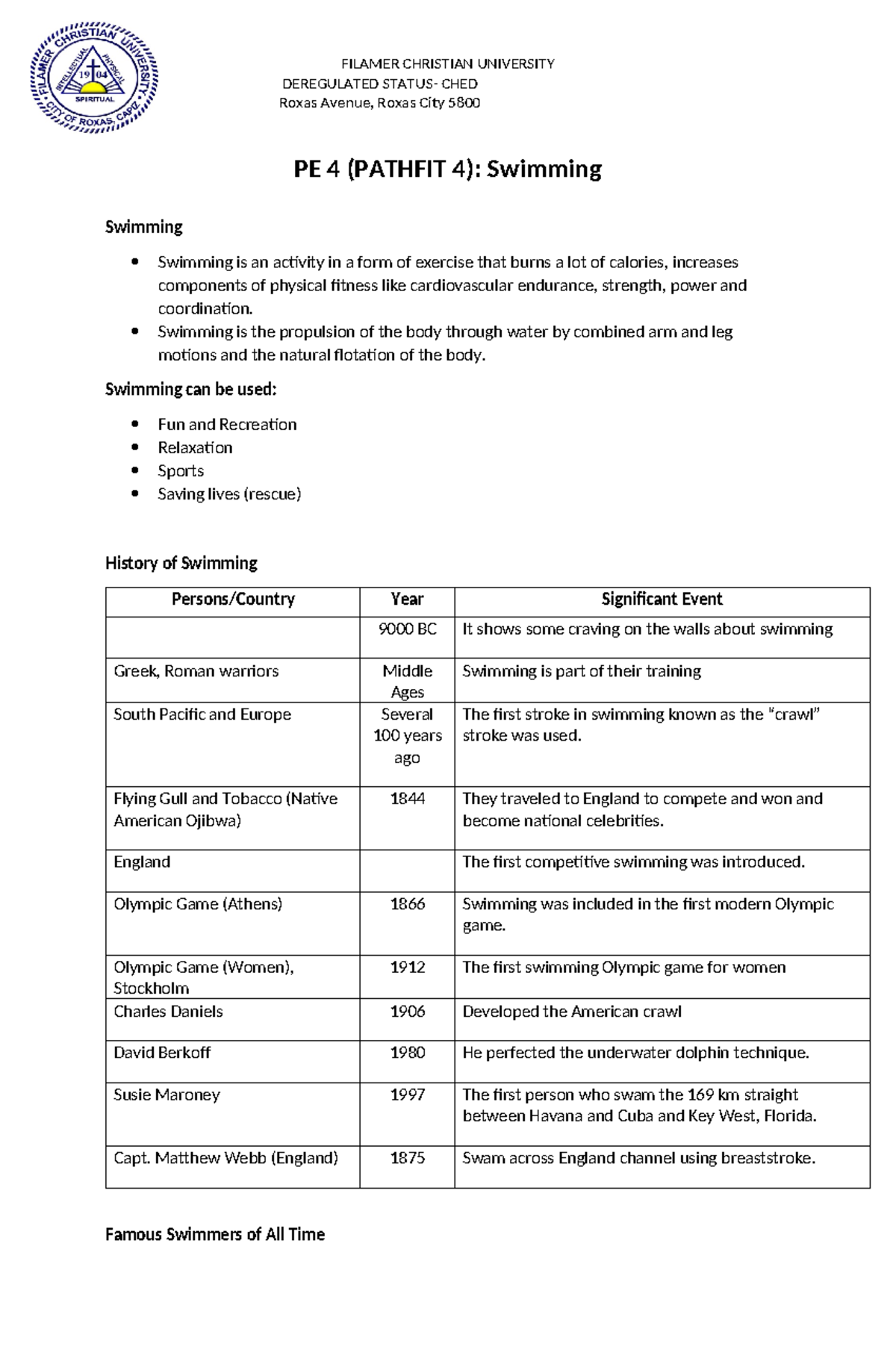PE 4 Pathfit 4 Swimming: Benefits, Techniques, and Safety Guidelines ...