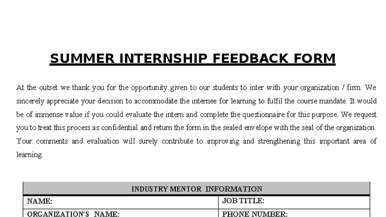 SUMMER INTERNSHIP FEEDBACK FORM - EVALUATION QUESTIONNAIRE - Studocu
