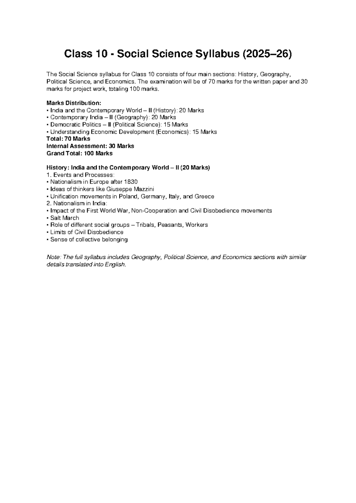 Class 10 Social Science Syllabus Overview - Studocu