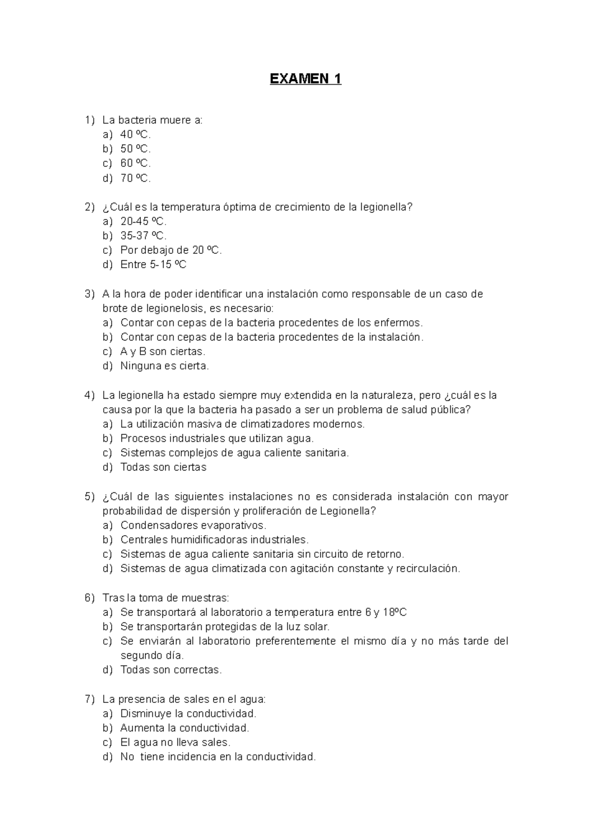 Examen 1 de Legionela - Preguntas y Respuestas Clave - Studocu