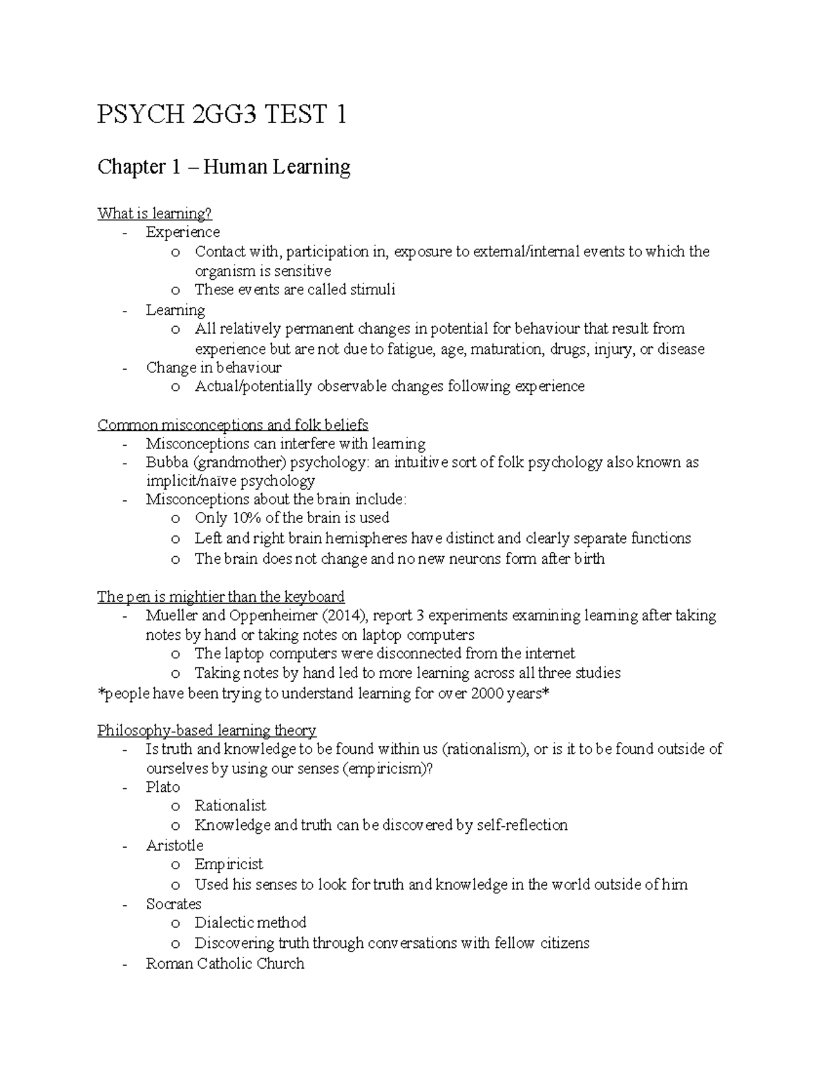 Psych 2GG3 - Test 1 Notes on Human Learning and Behaviourism - Studocu
