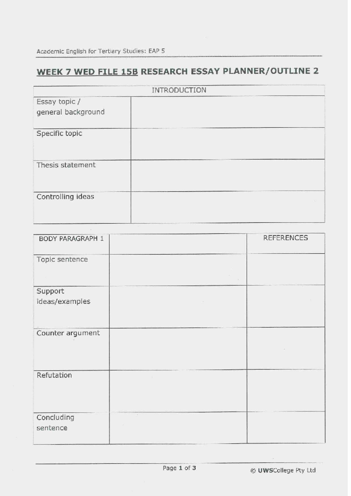 EAP5 Week 7 Wed F15b - Research essay planner Outline 2 - Academic ...