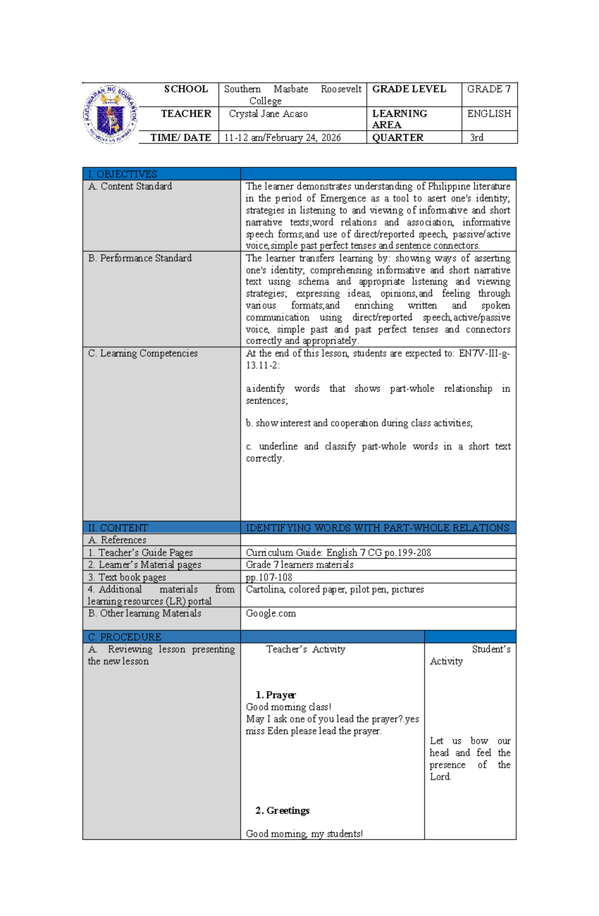 LP 2-A: Lesson Plan for Grade 7 English - Understanding WH Questions ...