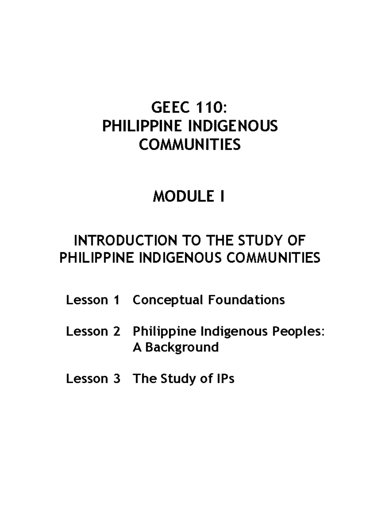 Module 1 - Philippine Indigenous Community - GEEC 110: PHILIPPINE ...