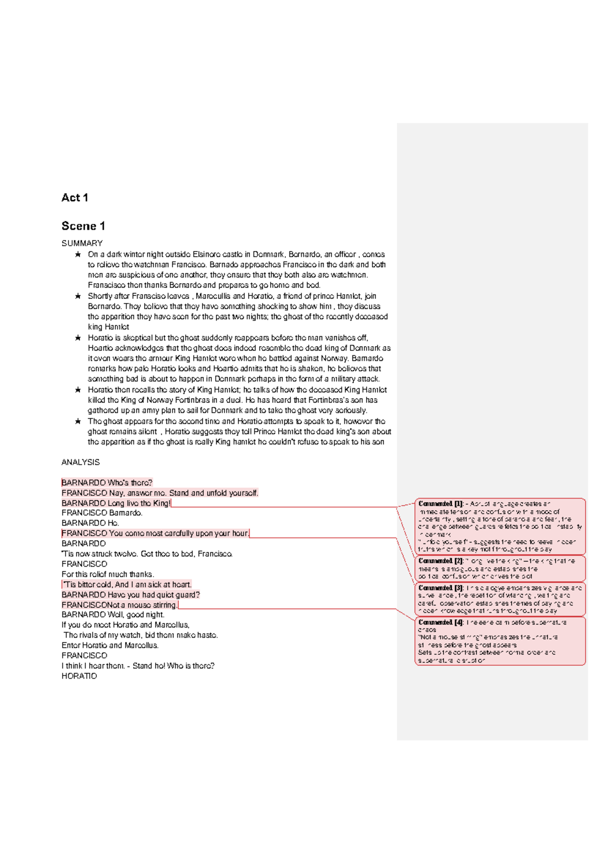 A2 9695 English - Hamlet Act 1 Scene 1 Summary & Analysis - Studocu