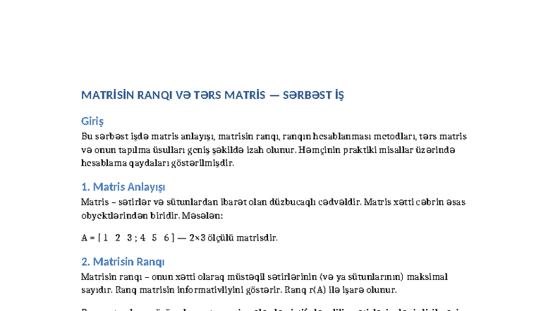 MATRİSİN RANQI VƏ TƏRS MATRİS - Sərbəst İş (MATR 101) - Studocu