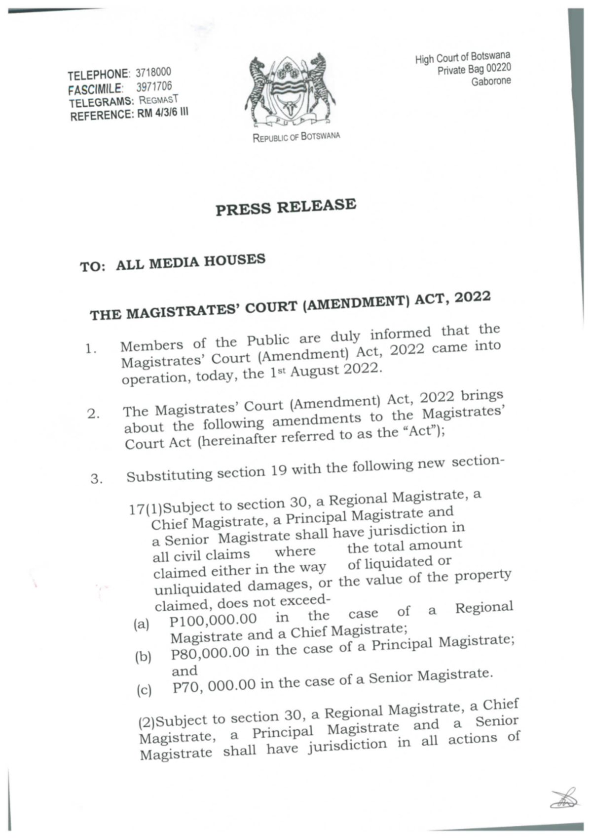 Magistrate ACT Amendment 0004 - High Court of Botswana TELEPHONE ...
