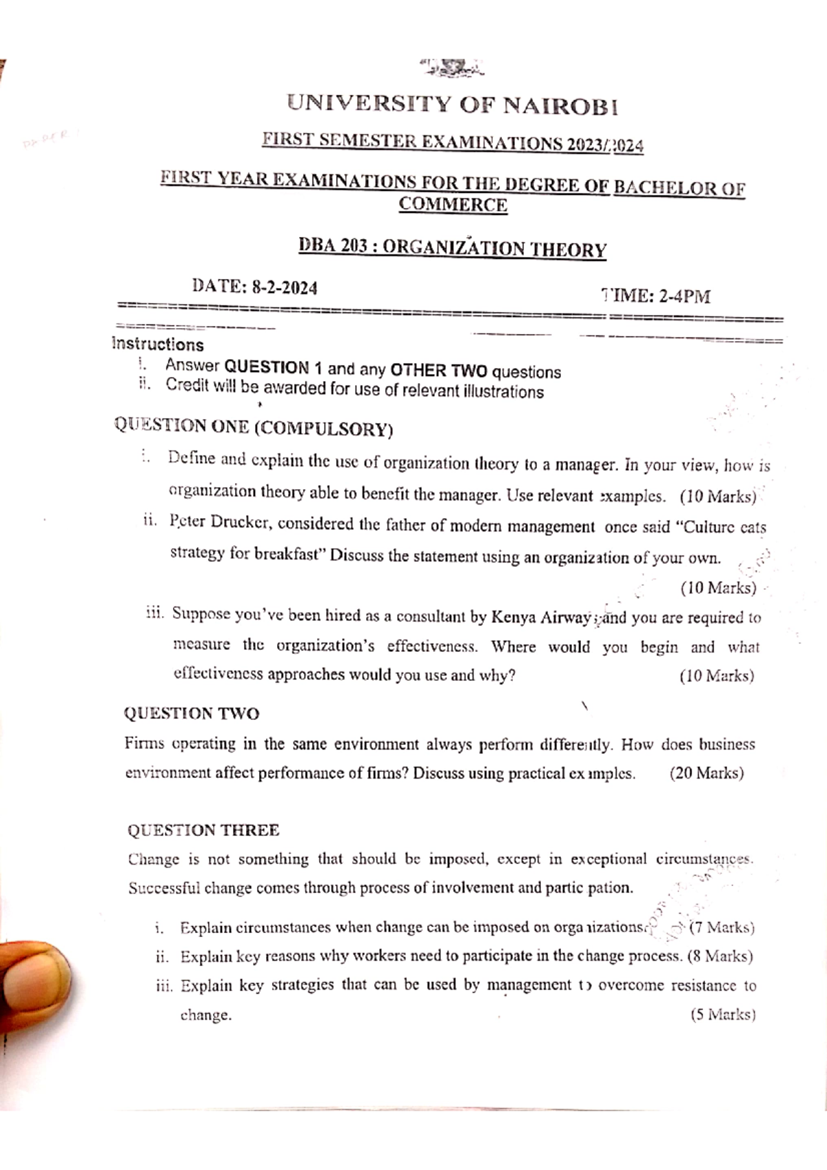 DBA 203: Organization Theory - First Semester Exam Questions & Insights ...