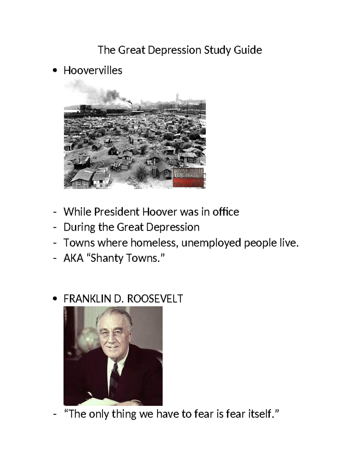 The Great Depression Study Guide - AKA “Shanty Towns.” FRANKLIN D ...
