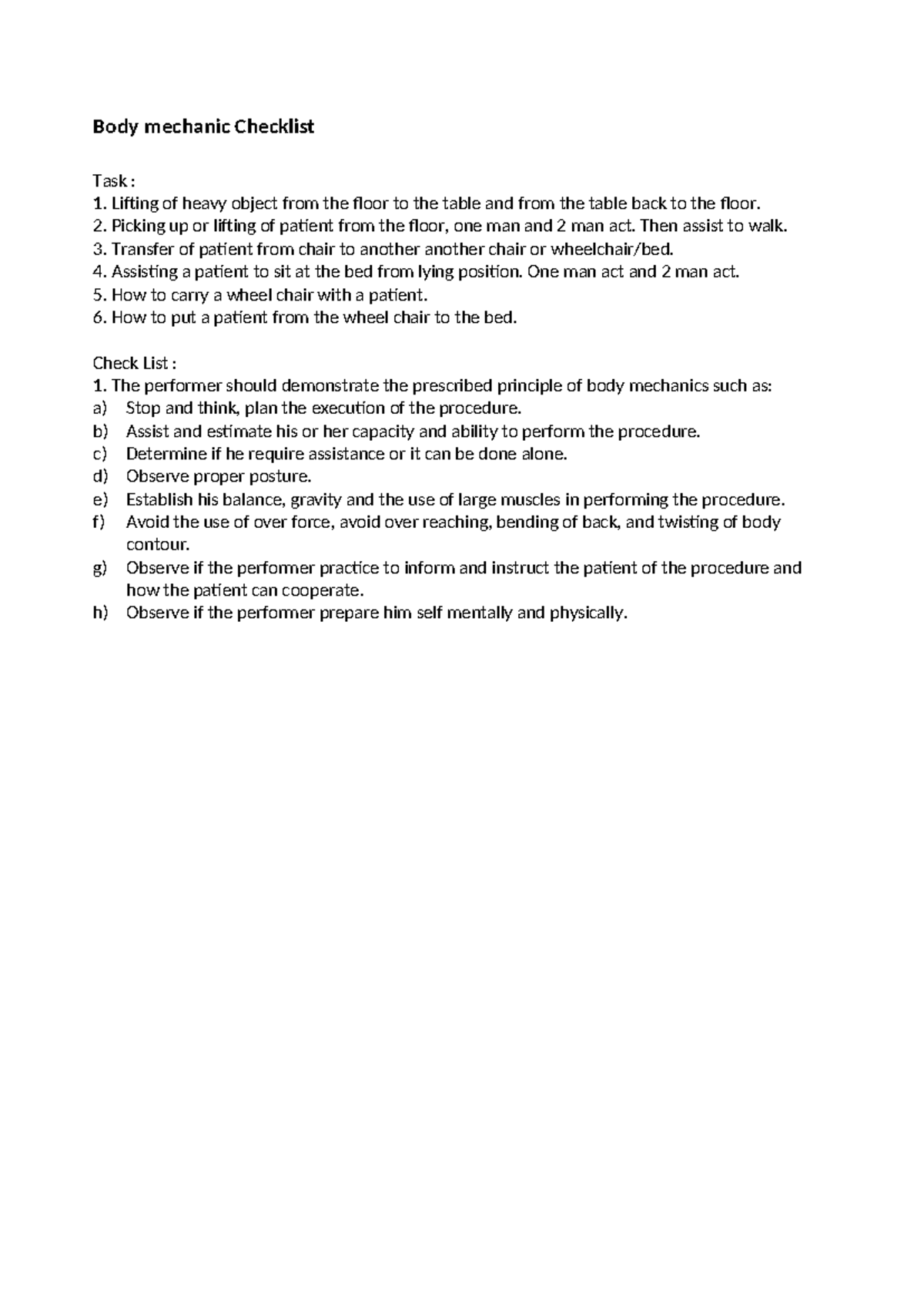 Body Mechanic Checklist for Patient Handling Tasks - Studocu