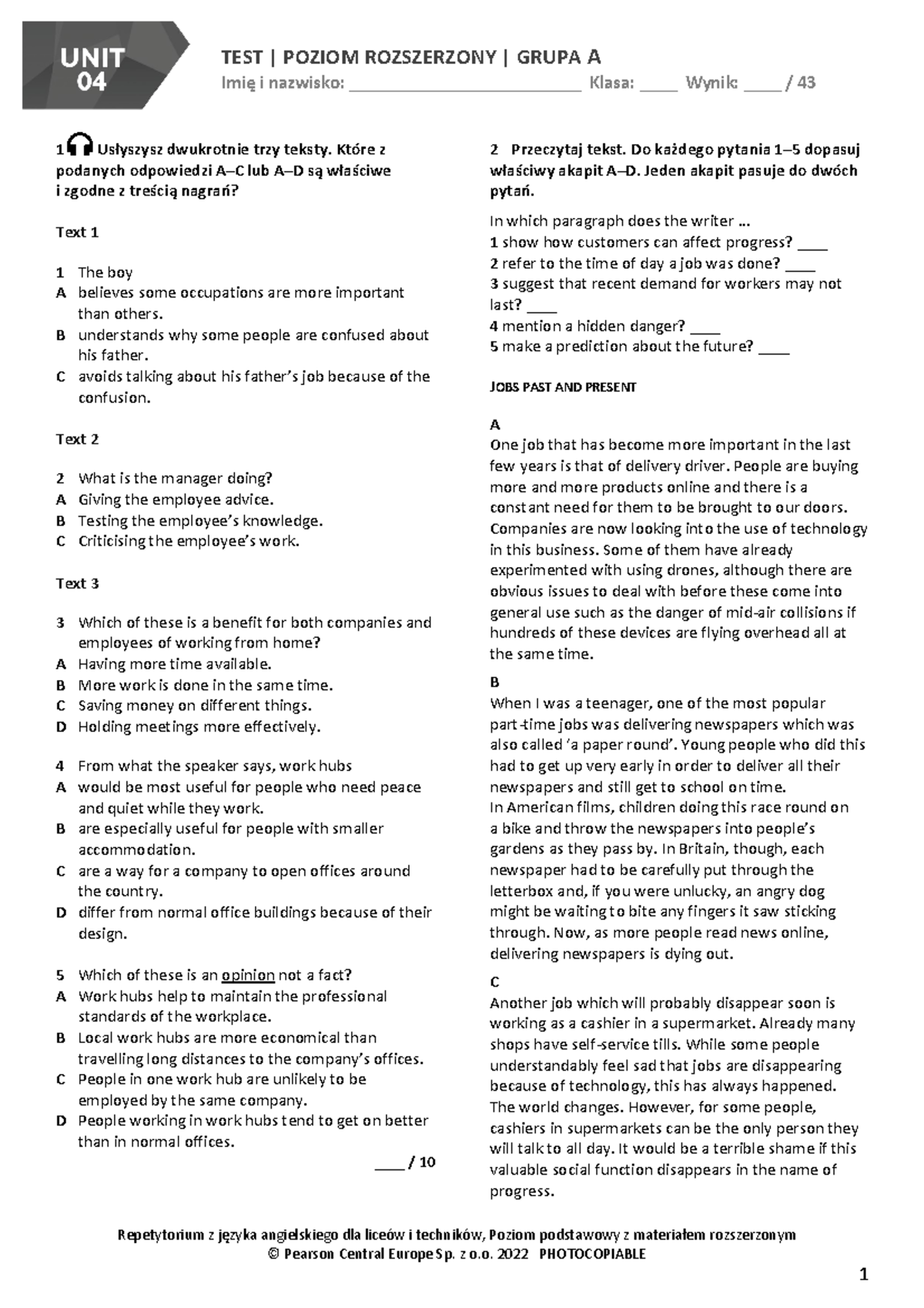 Test Rozszerzony z Języka Angielskiego U04 - Repetytorium - Studocu