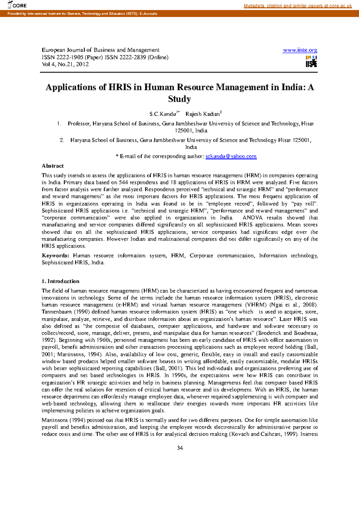 Applications of HRIS in HRM in India: A Study (IISTE) - Studocu