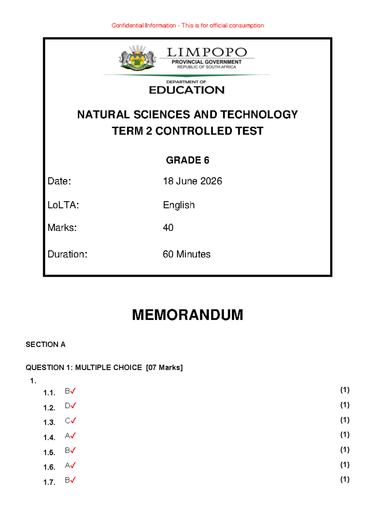 Grade 6 NST Term 2 Controlled Test Memo 2026 - English - Studocu