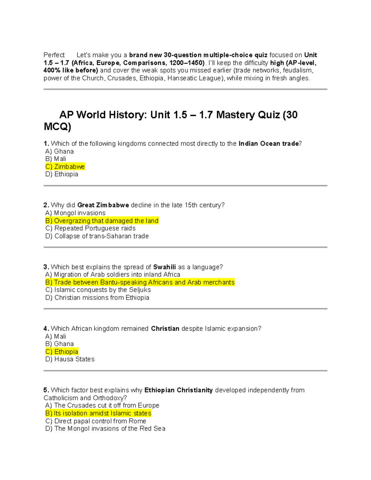 AP World History: Unit 1.5 & 1.7 High-Difficulty Quiz (30 MCQ) - Studocu