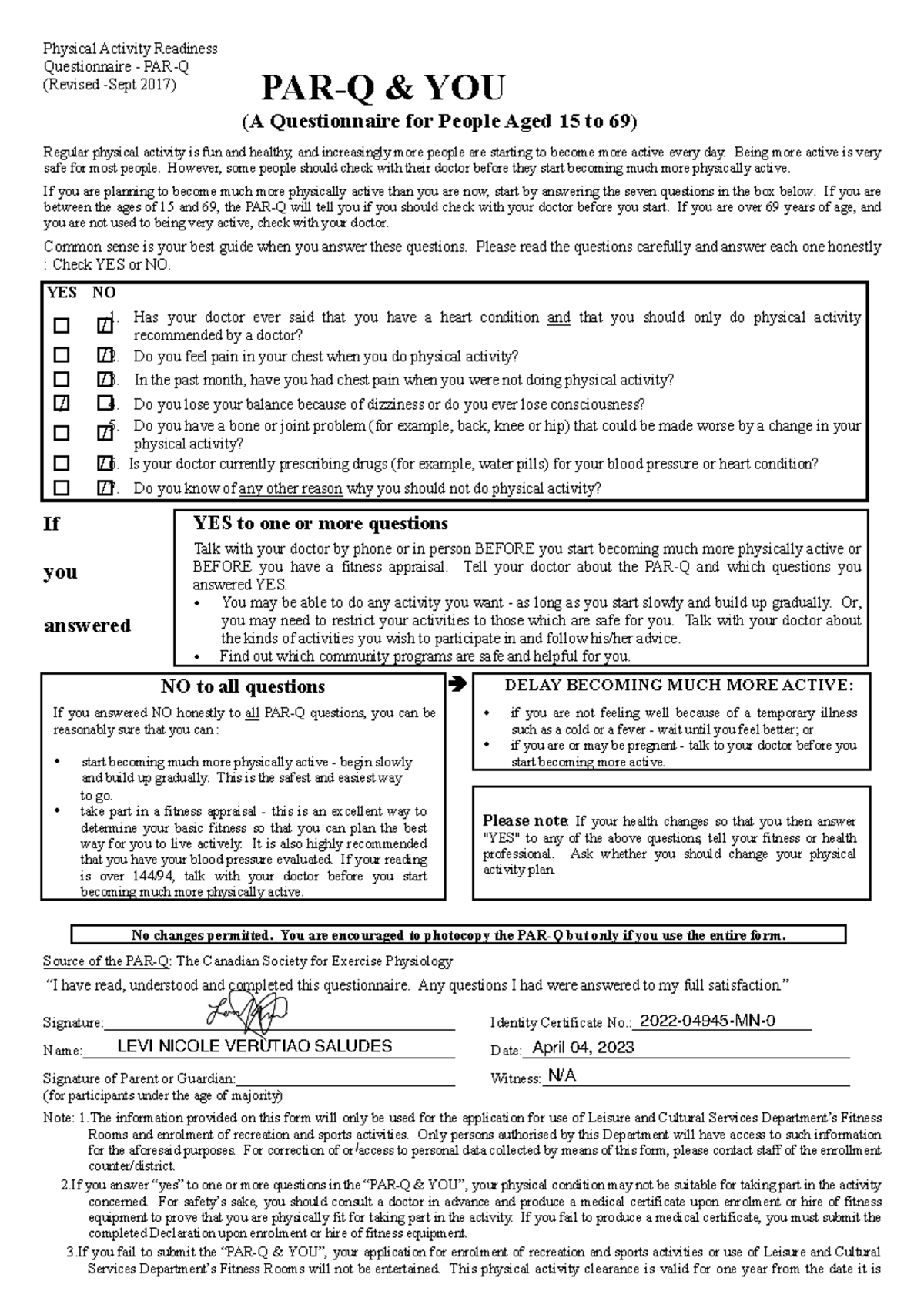 PAR-Q Questionnaire - Physical Activity Readiness Form (PATHFIT) - Studocu