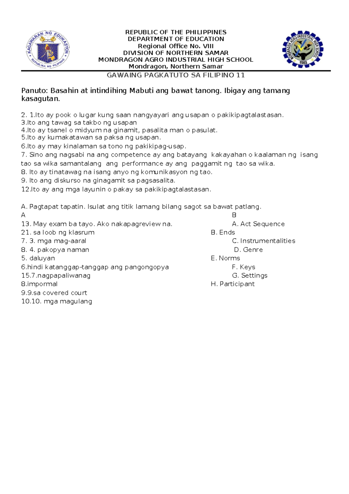 Week 1 - filipino - REPUBLIC OF THE PHILIPPINES DEPARTMENT OF EDUCATION ...