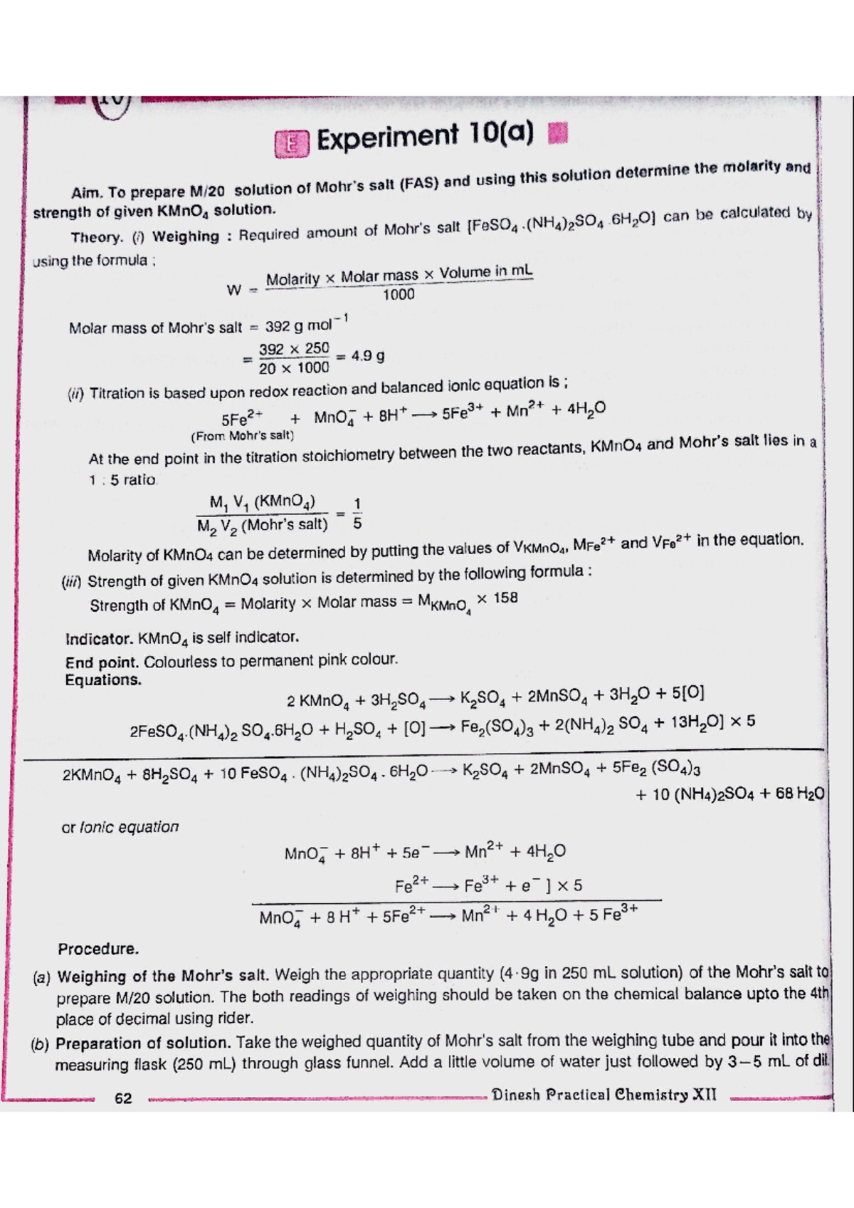 Experiment 10(a) - Preparation of m/20 Mohr's Salt Solution - Studocu