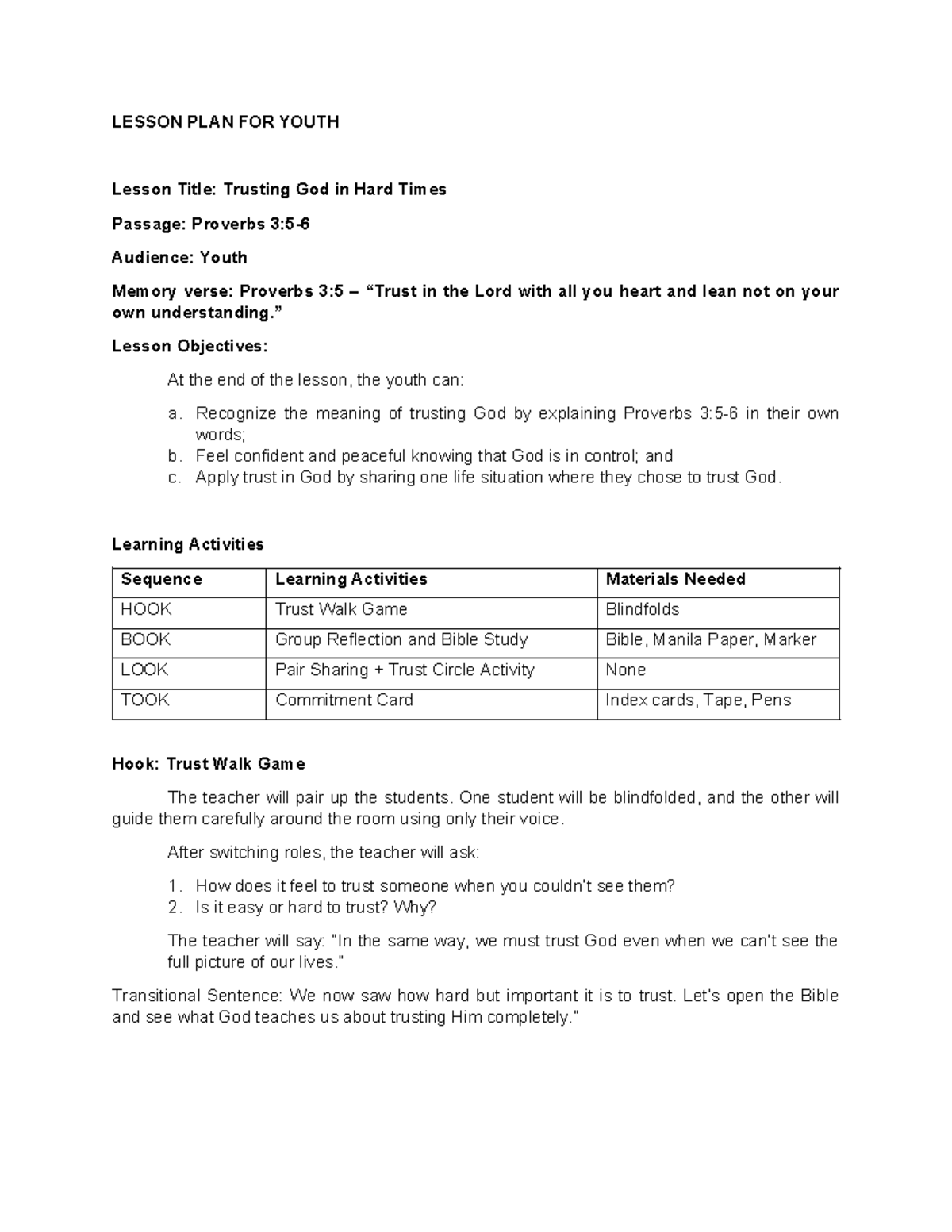 LESSON PLAN FOR YOUTH: Trusting God in Hard Times - Studocu