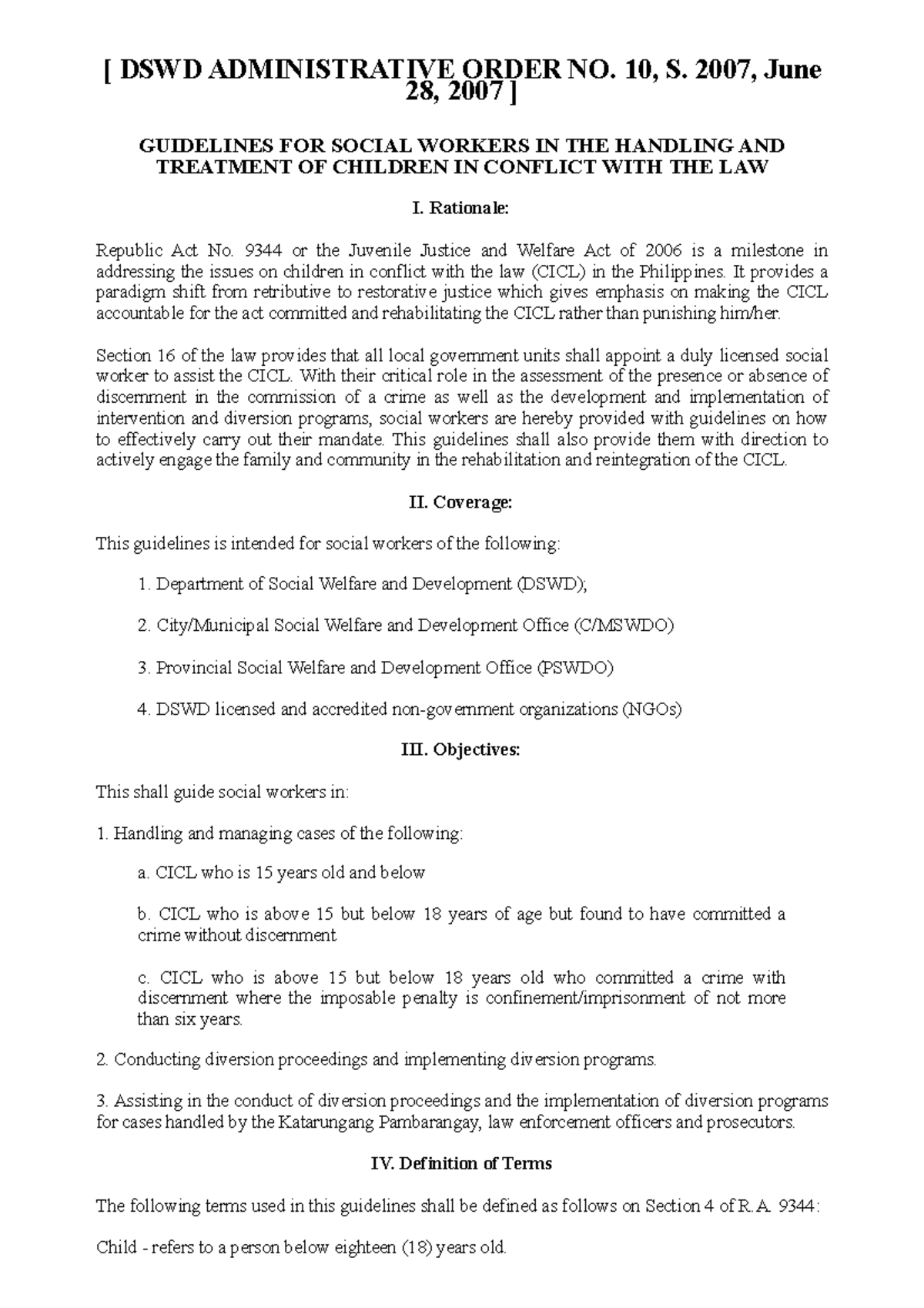 DSWD AO No. 10, s 2007: Guidelines for Handling CICL Cases - Studocu