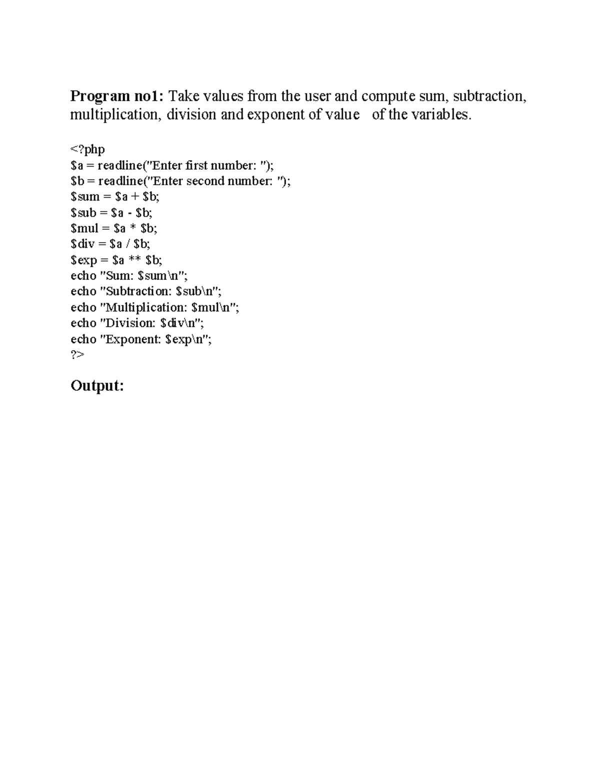 Practical File PHP: User Input, Area Calculations, and More - Studocu