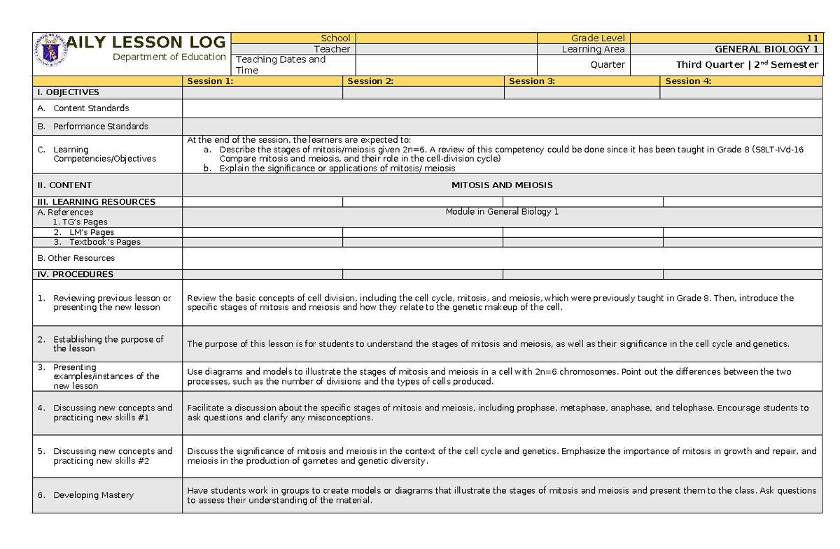 DAILY LESSON LOG: General Biology 1 (DLL) Week 4, Quarter 3 - Studocu