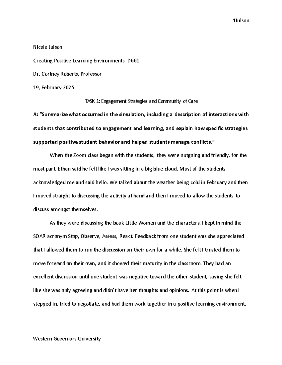 D661-Mursion Task: Strategies for Positive Learning Environments - Studocu