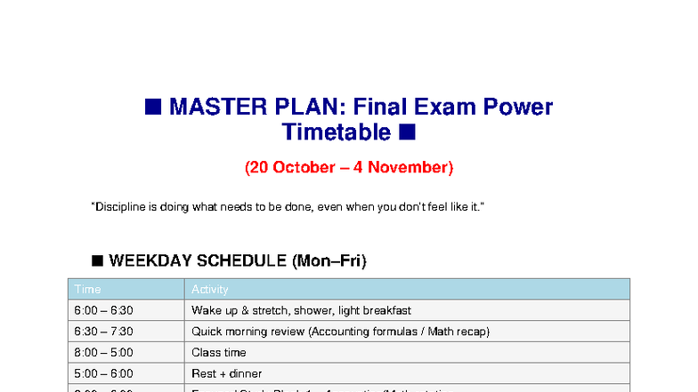 MASTER PLAN: Final Exam Study Timetable (20 Oct - 4 Nov) - Studocu